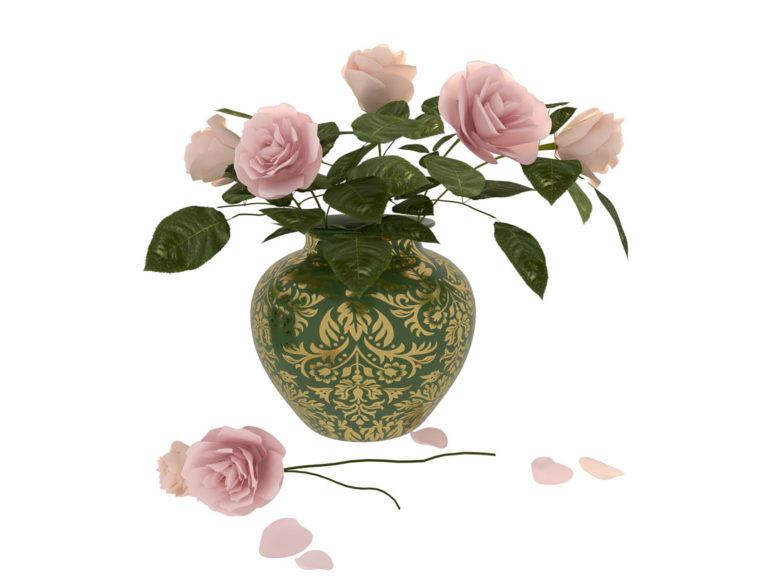 Pink Roses With Decorative Vase 3D Model House Plants